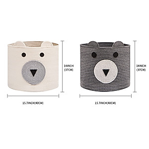 MELLBAY Cotton Rope Storage Basket, Cute Bear Toy Basket with Handles, Nursery Storage, Baby Laundry Basket, Clothes, Towels, Animal Baskets as Gift for Kids, christmas baskets, White, 16”(D) x 14”(H)