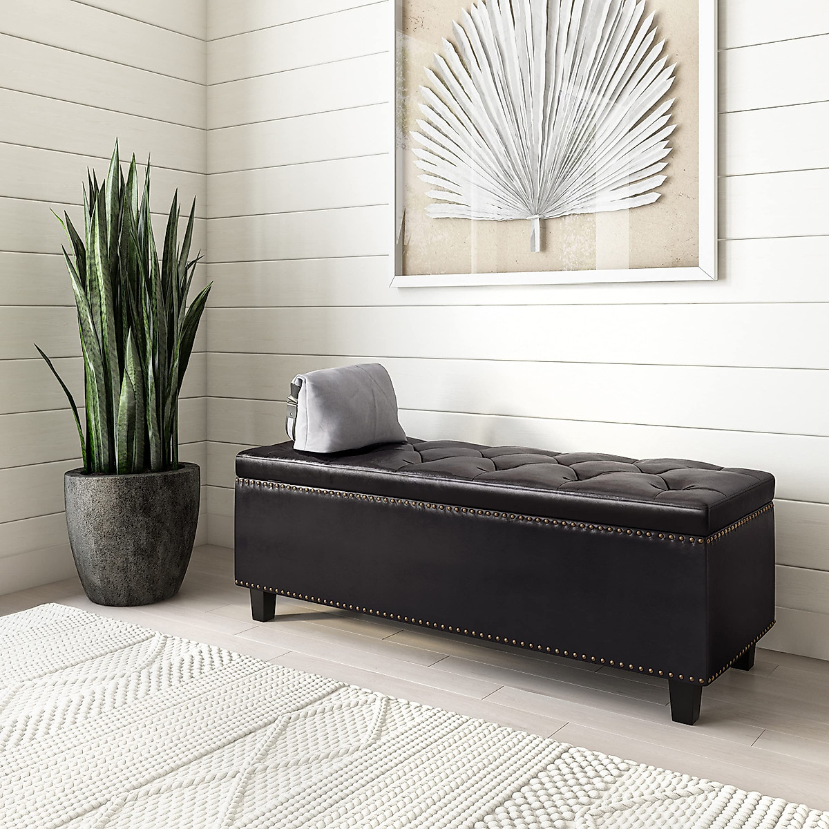 SIMPLIHOME Heatherton 48 Inch Wide Traditional Rectangle Storage Ottoman in Tanners Brown Vegan Faux Leather, For the Living Room and Bedroom