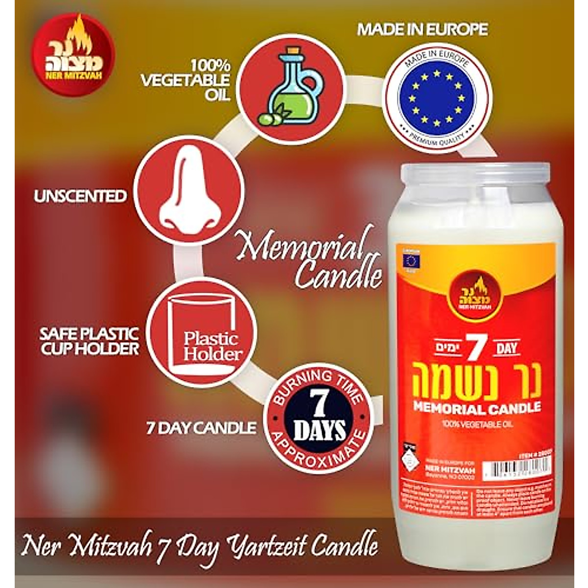 Ner Mitzvah 7 Day Yartzeit Candle - Kosher Yahrtzeit Memorial and Yom Kippur Candle in Plastic Holder