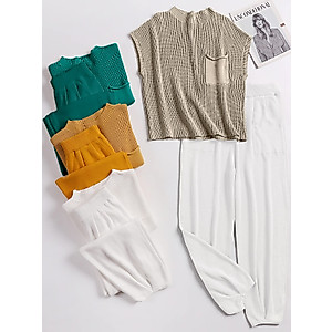 ANRABESS Women's Two Piece Outfits Knit Sweater Pullover Crop Top & Pants Lounge Matching Tracksuit Sweatsuit Sets 2024 Trendy Loungewear Clothes Khaki White X-Large