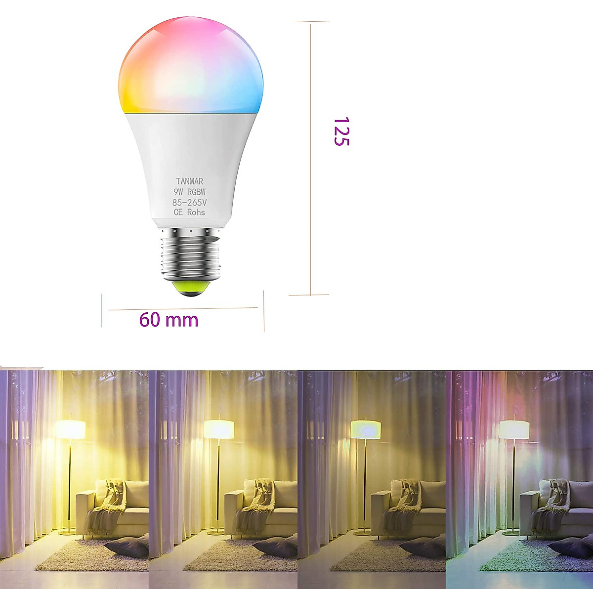 TANMAR Color Changing Light Bulb,Smart Bulb [2 Pack], E26/E27 9W (85-265V) RGBW LED