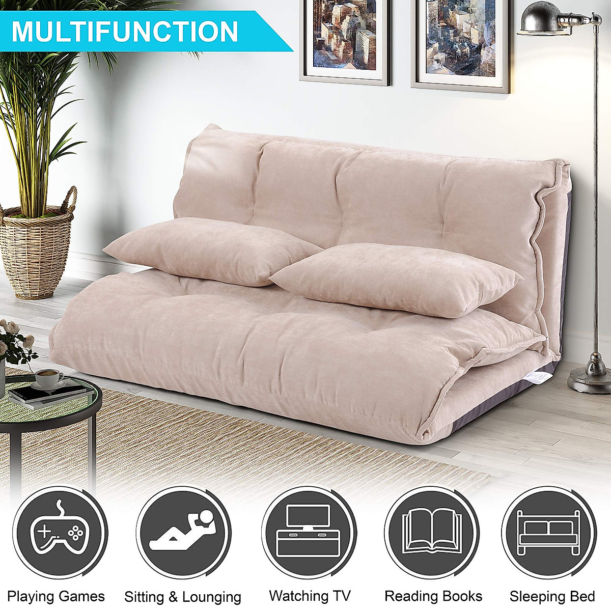 Floor Sofa, Merax Foldable Lazy Sofa Sleeper Bed with 2 Pillows, Adjustable Lounge Sofa Gaming Sofa Floor Couches 5-Position for Bedroom, Living Room, and Balcony, Beige