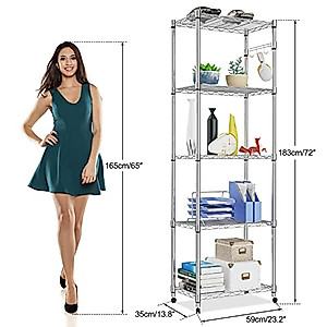 Homdox 5 Tier Steel Wire Shelving Unit on Wheels,Chrome Shelves for Garage Kitchen Living Room,Heavy Duty Shelving Rack, 23.2 x 13.8 x 72 inch (L x W x H)