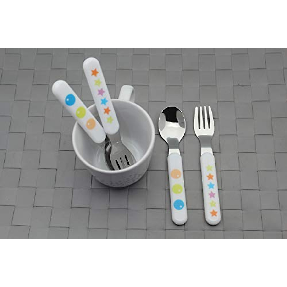 ANNOVA Kids Silverware 6 Pieces Stainless Steel Children's Flatware Set 3 x Forks, 3 x Dinner Spoons Plastic Handle, Toddler Utensils Without Knives, for Babies, Infants BPA Free - Dots Stars