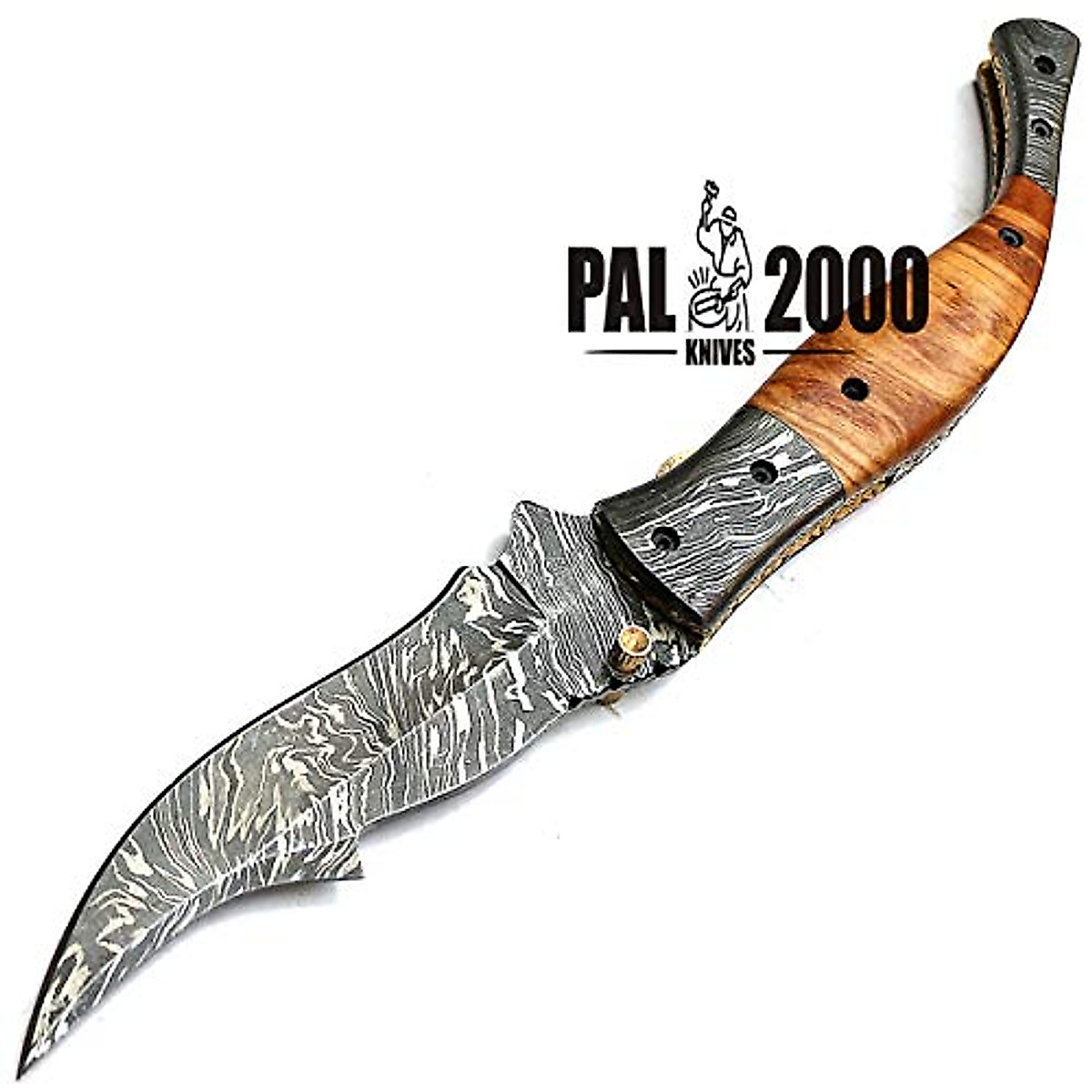 PAL 2000 HUNTING KNIVES FOL-8459 Handmade Damascus Steel Pocket Knife Olive Wood Handle With Sheath