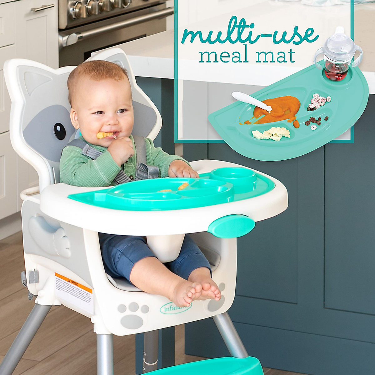 Infantino Grow-with-Me 4-in-1 Convertible High Chair, Raccoon-Theme, Space-Saving Design, Booster and Toddler Chair, for Infants & Toddlers 3M-36M Multicolor