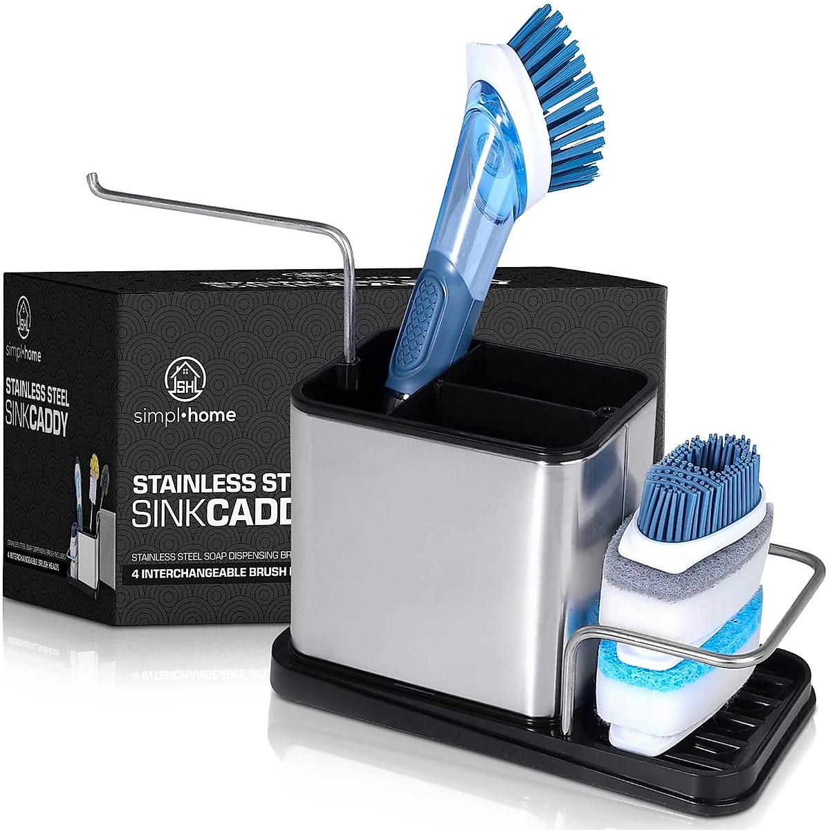 Simpl Home Kitchen Sink Organizer Set - Stainless Steel Sponge Holder Includes Soap Dispenser, Dish Scrubber with 4 Brush Heads Rust-Proof Storage Caddy Hooks Organization Accessories, Black