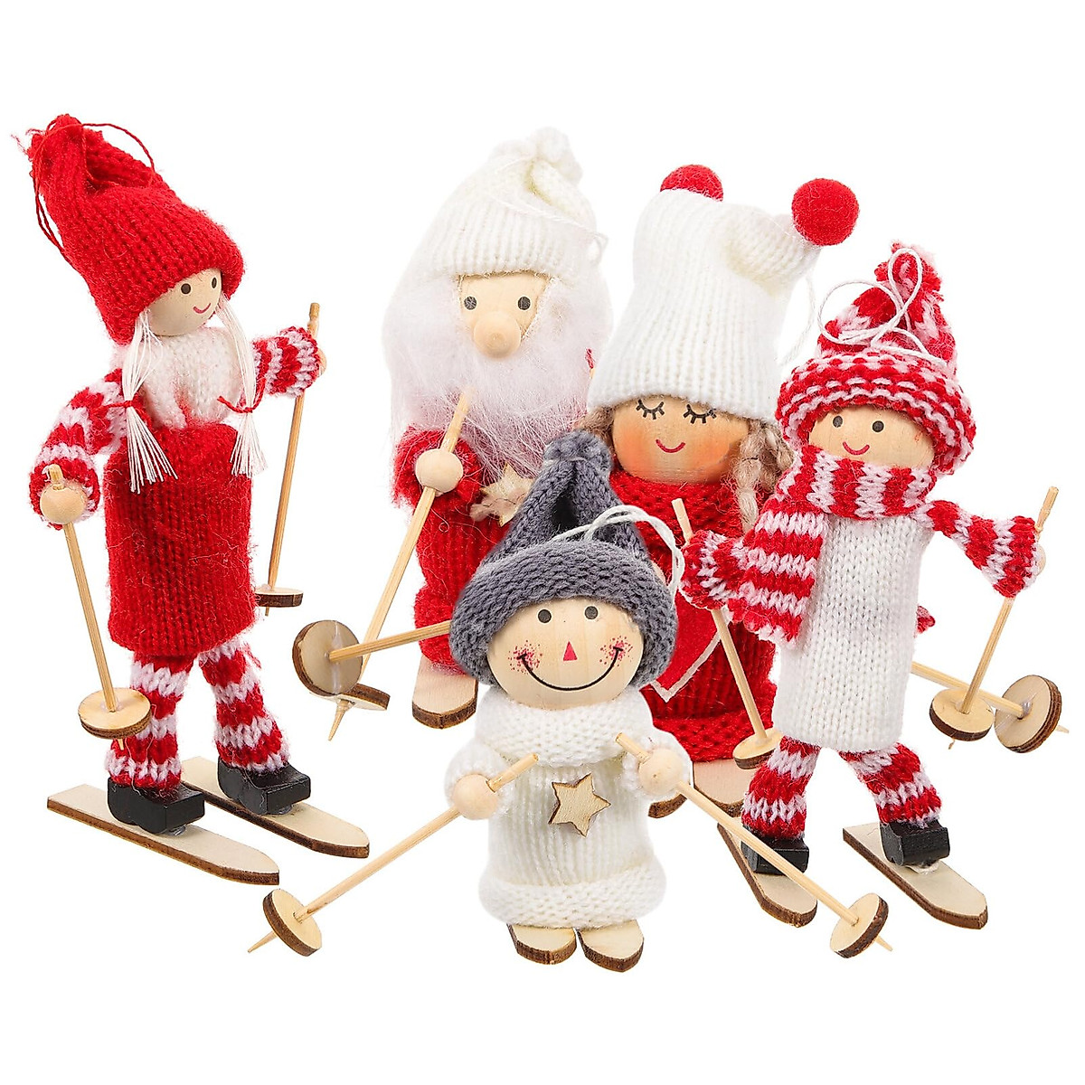 Amosfun Christmas Figurine Holiday Wooden Figure Miniature Ski Doll Ornament Gift Table Adults 5pcs (Mixed Pattern)