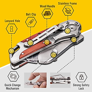 AZUNO Wood Handle Folding Utility Knife with Stainless Steel Head, Quick-change Blade & Back Lock