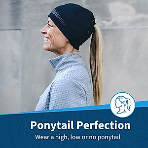 TrailHeads Ponytail Hat - Adrenaline Series | Women’s Running Beanie with Reflective Accents | Black Skull Cap - Black/Reflective