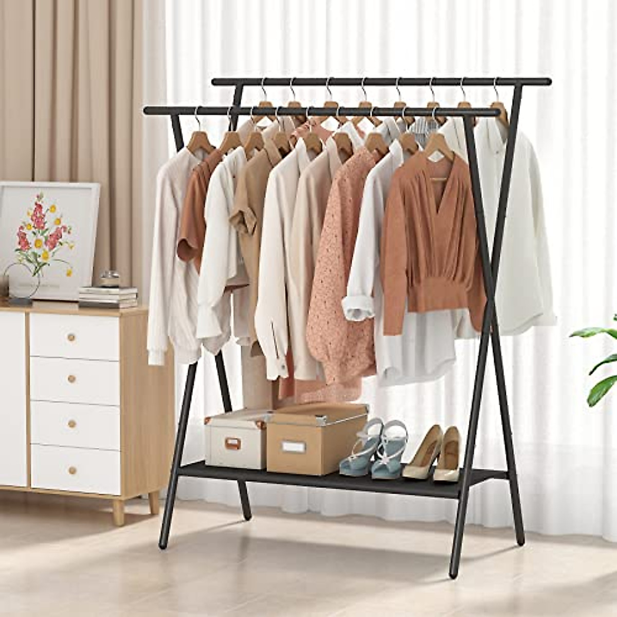 Laiensia Double Rods Clothing Racks for Hanging Clothes,Portable Clothing Hanging Garment Rack with Bottom Oxford Cloth Shelves,Black