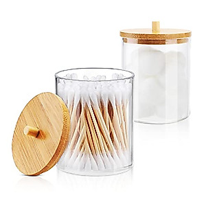 TCJJ 2 Pack Acrylic Qtip Holder Dispenser Jars with Bamboo Lids, Cotton Ball Pad Round Swab Holder for Bathroom Accessories Storage Organizer