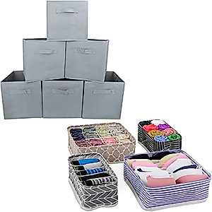 EZOWare Bundle Kit 6 Pcs Gray Collapsible Fabric Cube Storage Bin Baskets + 4 Closet Wardrobe Dresser Drawer Organizer Divider For Organizing Nursery Baby Clothes