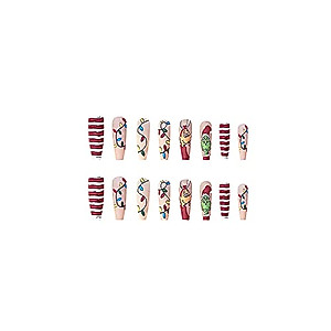 24Pcs Christmas Press on Nails Long Fake Nails Acrylic Ballet Nail Christmas Coffin Nail Full Cover Nail Grinch Design Artificial Cartoon Nails for Women and Girls