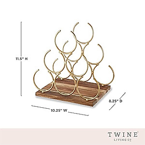 Twine Pyramid Rack, Holds 6 Standard Wine Bottles, Wood Base, Gold, Set of 1,10546