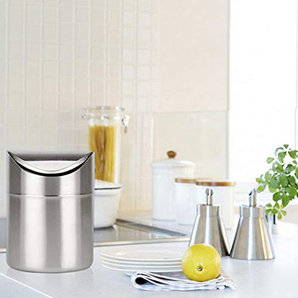 Stainless Steel Small Trash Cans , Trumpet Desktops Mini Creative Covered Desk Kitchen Living Room Trash Cans 5" x 6.5" inch