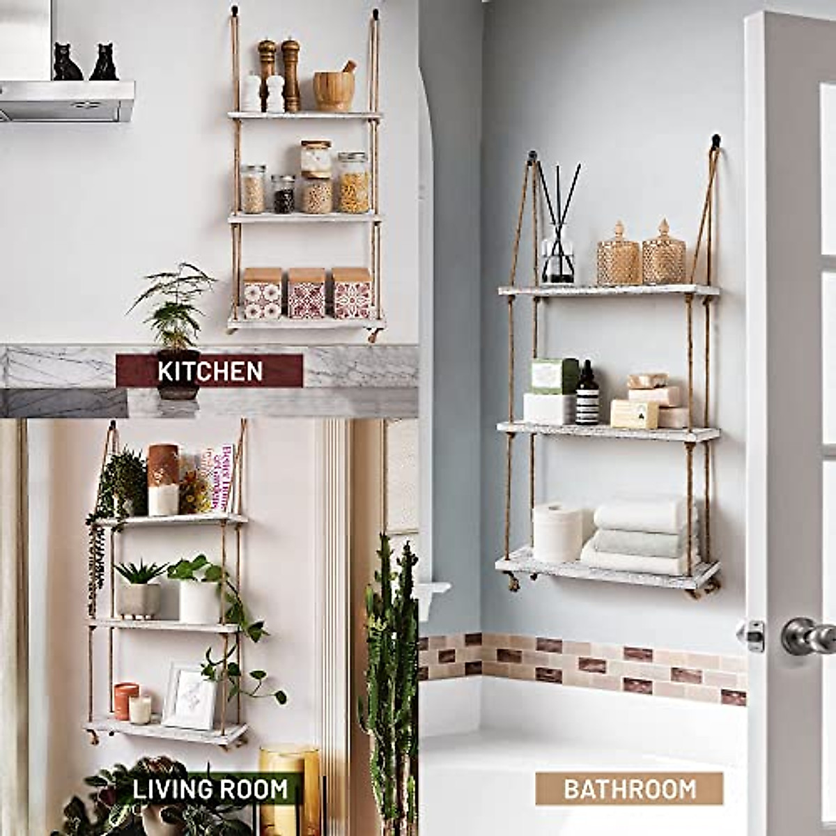 Labcosi 3 Tier Rope Wall Hanging Floating Shelves, Rustic White Wall Shelf, Swing Wood Farmhouse Decor Living Room, Bathroom, Bedroom, and Outdoor