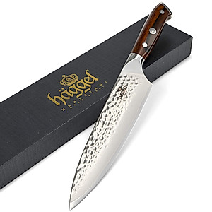 Haggel 8 Inch Damascus Chef Knife for All-Around Food Preparation Ultra-Sharp Professional Kitchen Knife Hand Hammered VG10 Stainless Steel Knife Best Gifts for Chefs