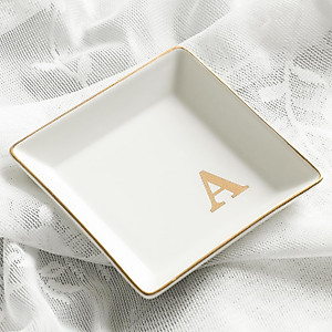 COLLECTIVE HOME - Ceramic Jewelry Tray, Monogram Decorative Trinket Dish for Rings Earrings Necklaces Bracelet Watch Keys, Birthday Mother's Day Christmas Gift for Women, 4" x 4" (A)