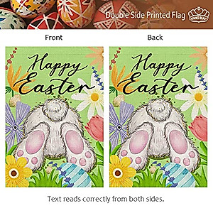 CROWNED BEAUTY Happy Easter Bunny Tail Garden Flag Floral 12x18 Inch Double Sided for Outside Burlap Small Yard Holiday Decoration CF704-12