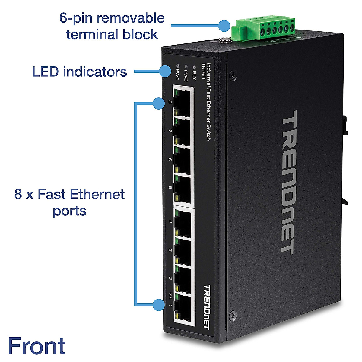 TRENDnet 8-Port Industrial Unmanaged Fast Ethernet DIN-Rail Switch, TI-E80 8 x Fast Ethernet Ports, 1.6Gbps Switching Capacity, IP30 Metal Switch, Lifetime Protection, Black