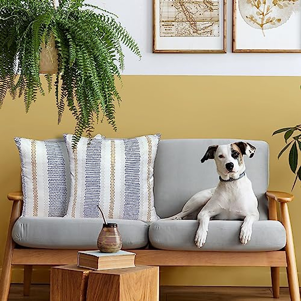 AlanRoye Outdoor Throw Pillow Covers Farmhouse Decorative 18x18inch Set of 2 Blue Yellow Grey Gray Gold Waterproof Stripe for Patio Garden Couch Neutral Beige Aesthetic Linen Modern Pillowcase