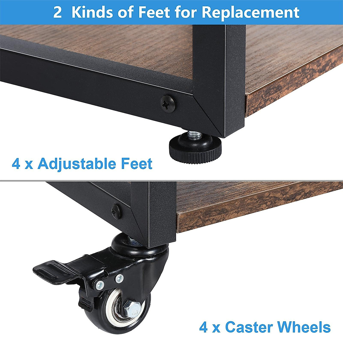 SEHERTIWY 2 Tier Computer Tower Stand, Brown CPU Holder Stand Cart with Rolling Caster Wheels, Mobile PC Tower Stand for Office Home Studio