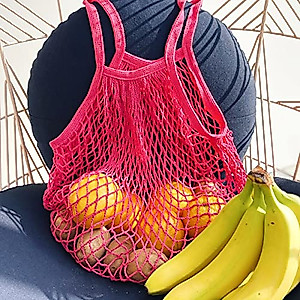 allydrew Cotton Mesh Net Shopping Bag, Grocery Bag for Vegetables, Produce (Set of 3), Hot Pink, Beige, Teal