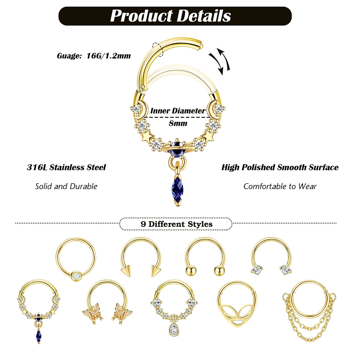 FIBO STEEL 16G Septum Ring Septum Piercing Jewelry for Women Stainless Steel Septum Nose Rings Horseshoe Cartilage Hoop Helix Tragus Piercing Jewerly Gold-tone 8mm