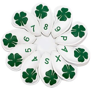 Golf Iron Covers,Golf Iron Head Covers Leather Golf Iron Covers Set 10pcs Golf Iron Headcovers,Lucky Clover Golf Club Head Covers for Iron with Magic Tape Fit All Brands Titleist,Callaway,Ping (White)