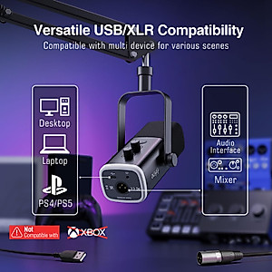 FIFINE XLR/USB Gaming Microphone Set, Dynamic PC Mic for Streaming Podcasting, Computer RGB Mic Kit with Boom Arm Stand, Mute Button, Headphones Jack, for Recording Vocal Voice-Over-AmpliGame AM8T