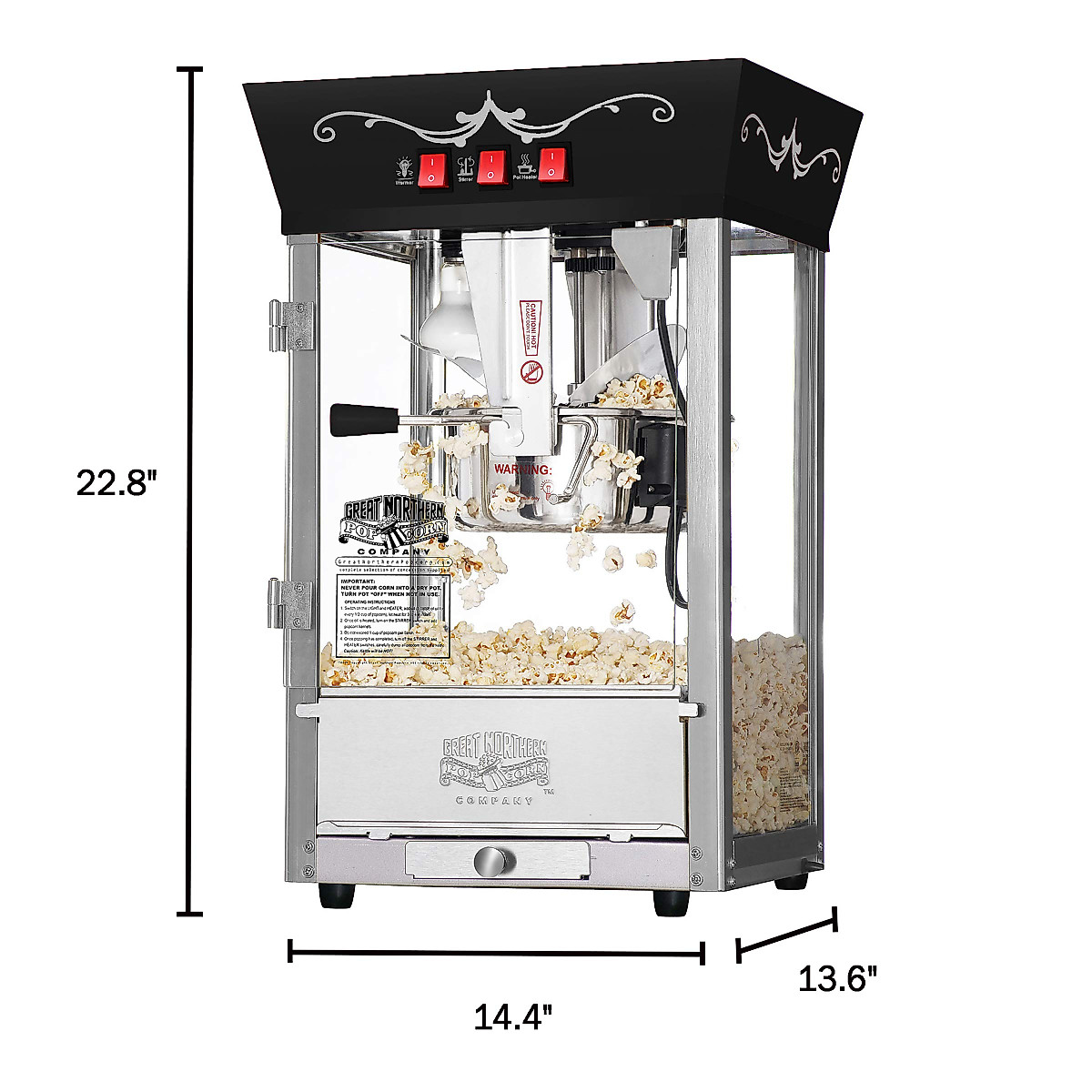 Matinee Popcorn Machine - 8oz Popper with Stainless-Steel Kettle, Reject Kernel Tray, Warming Light, and Accessories by Great Northern Popcorn (Black)