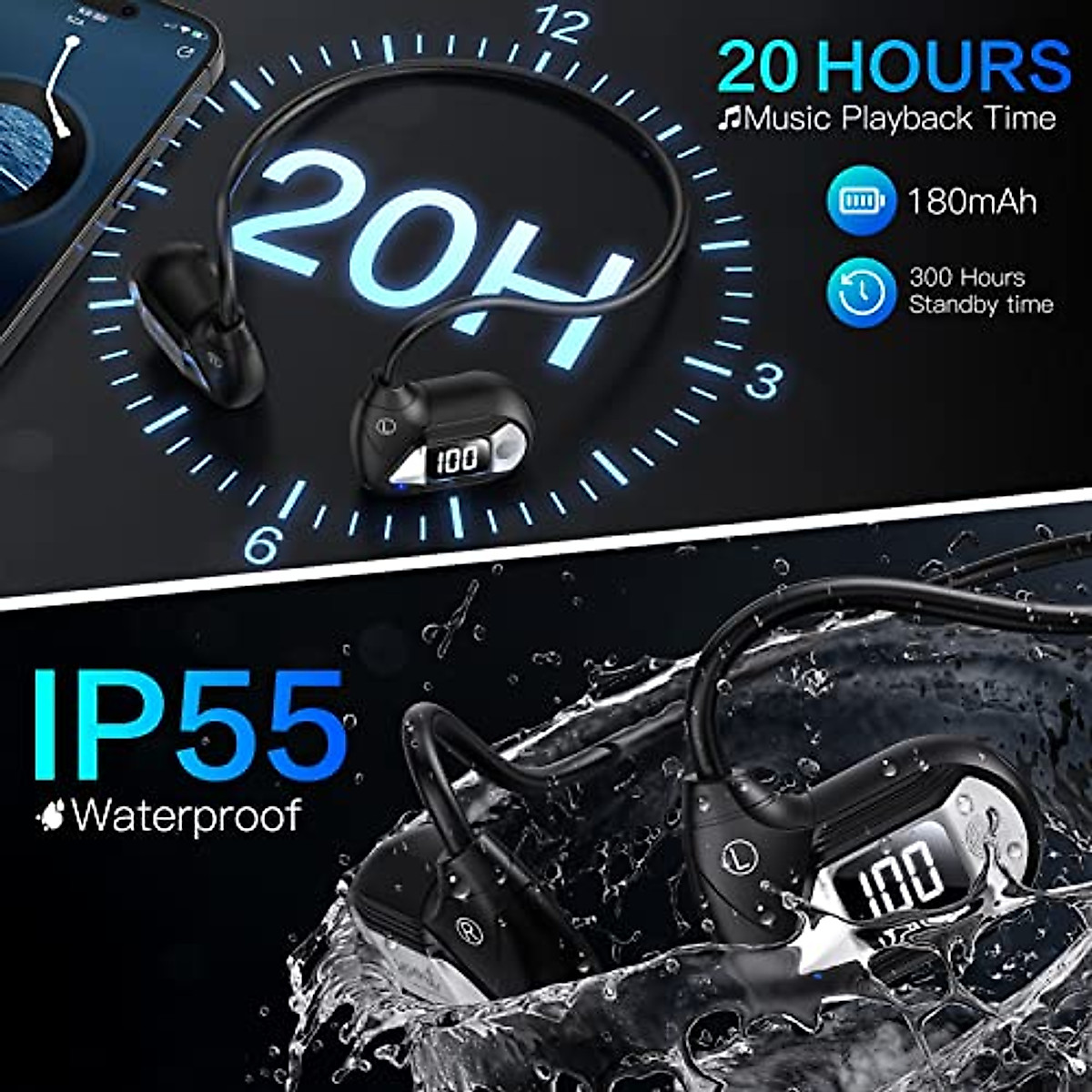 Yardstick Open Ear Headphones Wireless Bluetooth, Air Conduction Earbuds Bluetooth 5.3 For Sports, 20h Playtime Touch Control Headset Running, Cycling, Hiking, Driving, Earphones Gift (Silver)