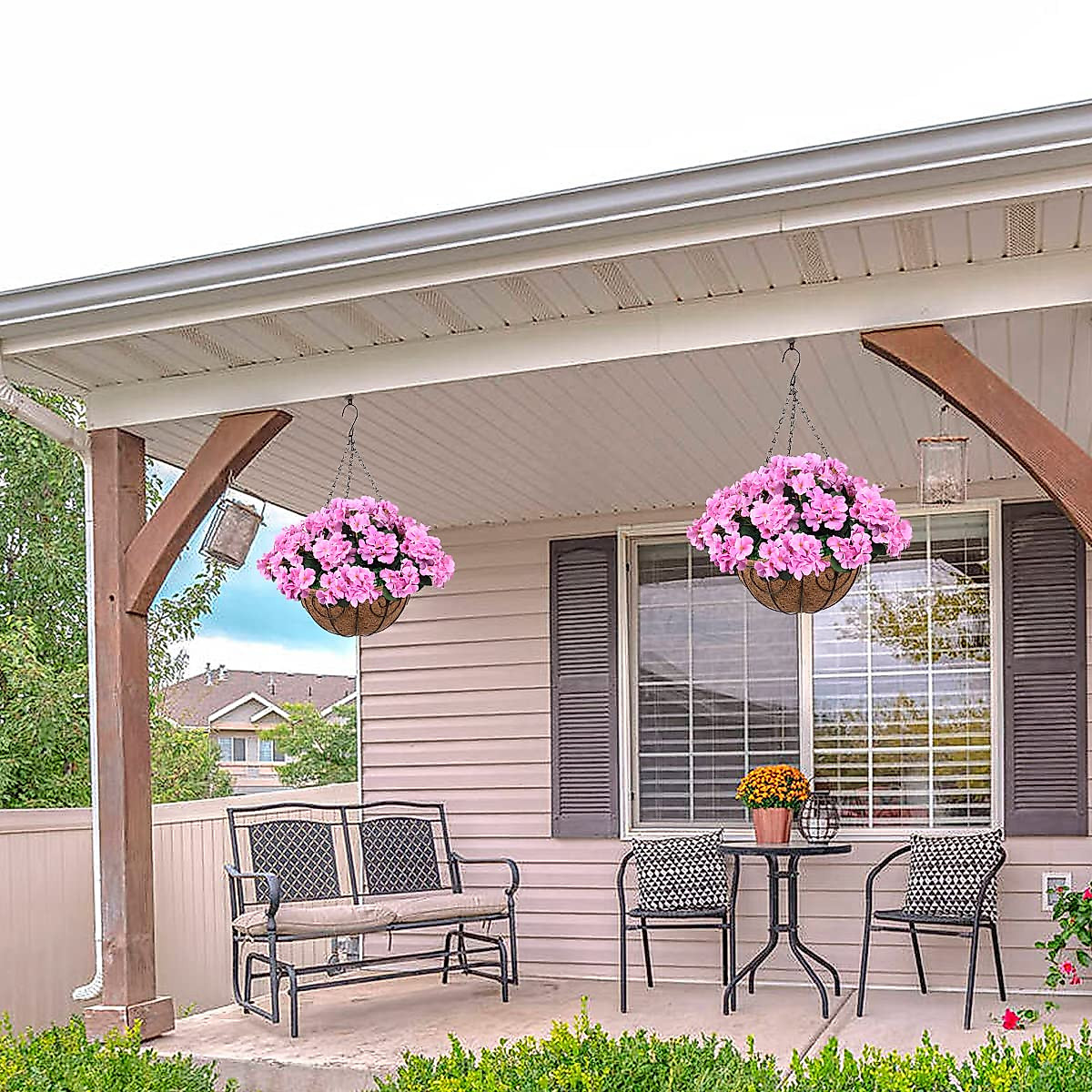 ZFProcess Artificial Flowers Hanging Basket with Begonia Silk Flowers for Outdoor/Indoor, Artificial Geranium Flowers in 12'' Basket for Patio Lawn Garden Summer Decoration(Deep Pink)