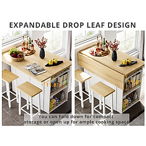 IRONCK Kitchen Island with Storage, with 2 Stools, Ample Storage Space with Power Strip, Large Countertop with Drop-Leaf Design, 2-Door Cabinet and 5 Open Side Racks/2 Utility Drawers, White