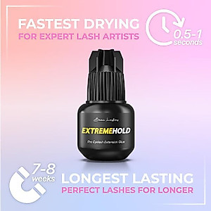 Extreme Hold Eyelash Extension Glue for Professionals | Strongest Black Lash Adhesive for Long Lasting Semi Permanent Individual Lash Extensions | 0.5-1s Fastest Drying & up to 8 Weeks Retention