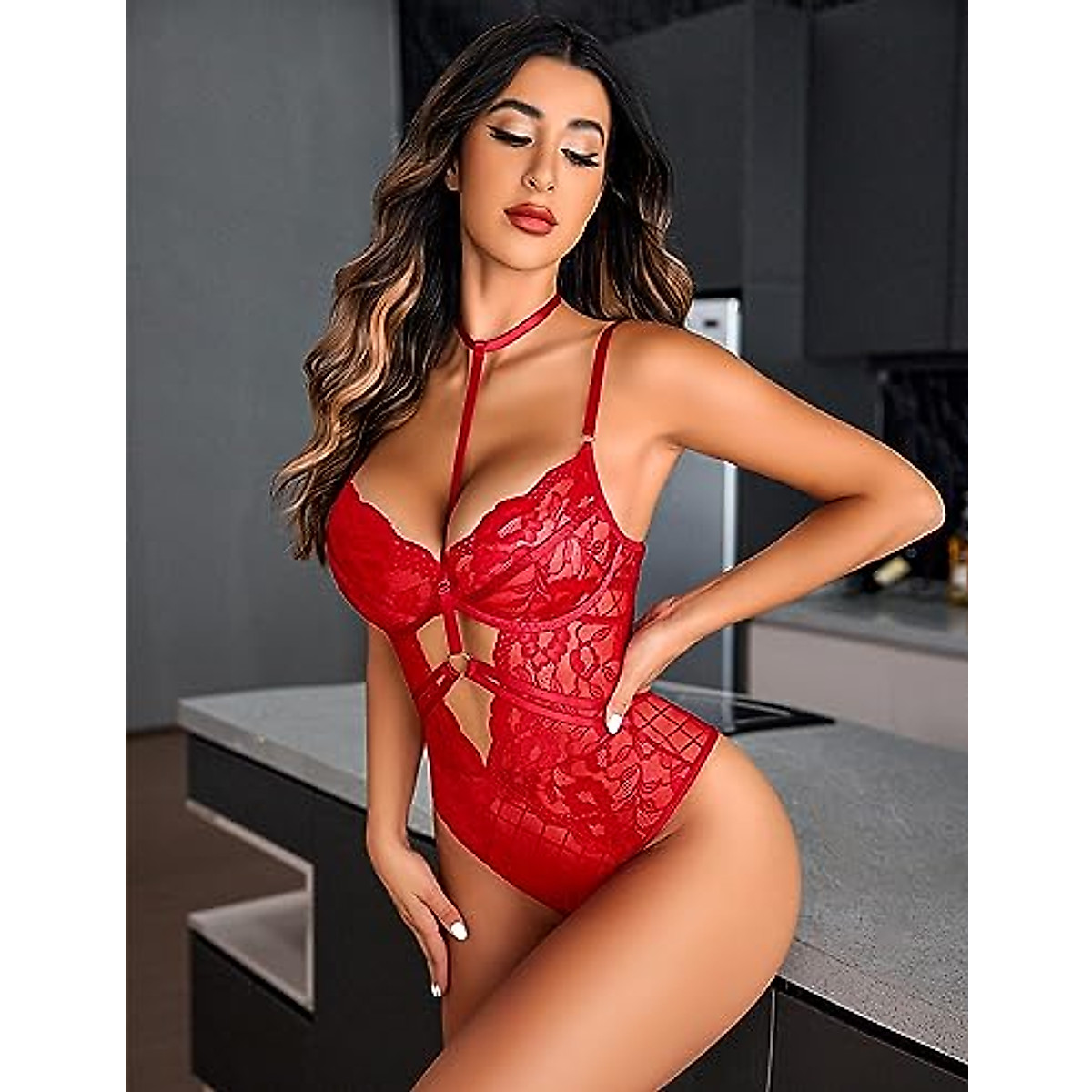 Avidlove Lingerie for Women Floral Lace Cut Out Teddy Bodysuit One Piece Teddies Babydoll True Red