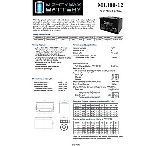 Mighty Max Battery 12V 100Ah SLA AGM Battery for Goal ZeroYeti 1250 Solar Generator