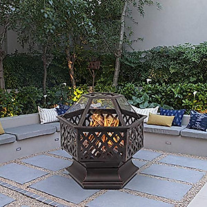YYAO Outdoor Fire Pit 26 inch Hexagonal Patio Firepit Wood Burning Fireplace Portable Metal Fire Bowl with Mesh Screen Cover for Camping Picnic Bonfire Backyard Garden, black