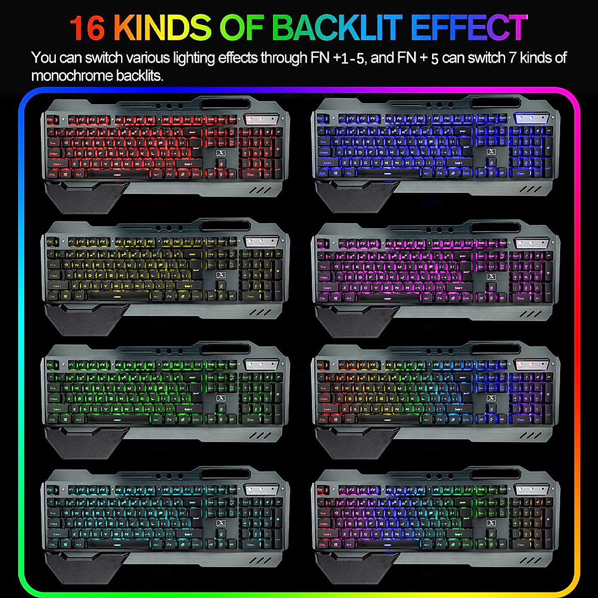 Wireless Gaming Keyboard Mouse and Wired Computer Speaker with Rainbow RGB Backlit Rechargeable Battery Metal Mechanical Ergonomic Waterproof Dustproof Removable Palm Rest for Laptop PC Gamer(Black)