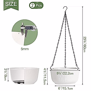 T4U Hanging Planter Self Watering 8 Inch, 2 Pack White Indoor Outdoor Hanging Plant pots, Hanging Flower Pot with Drainage Hole & Plug & Chain with 3 Hooks for Garden Home Decor
