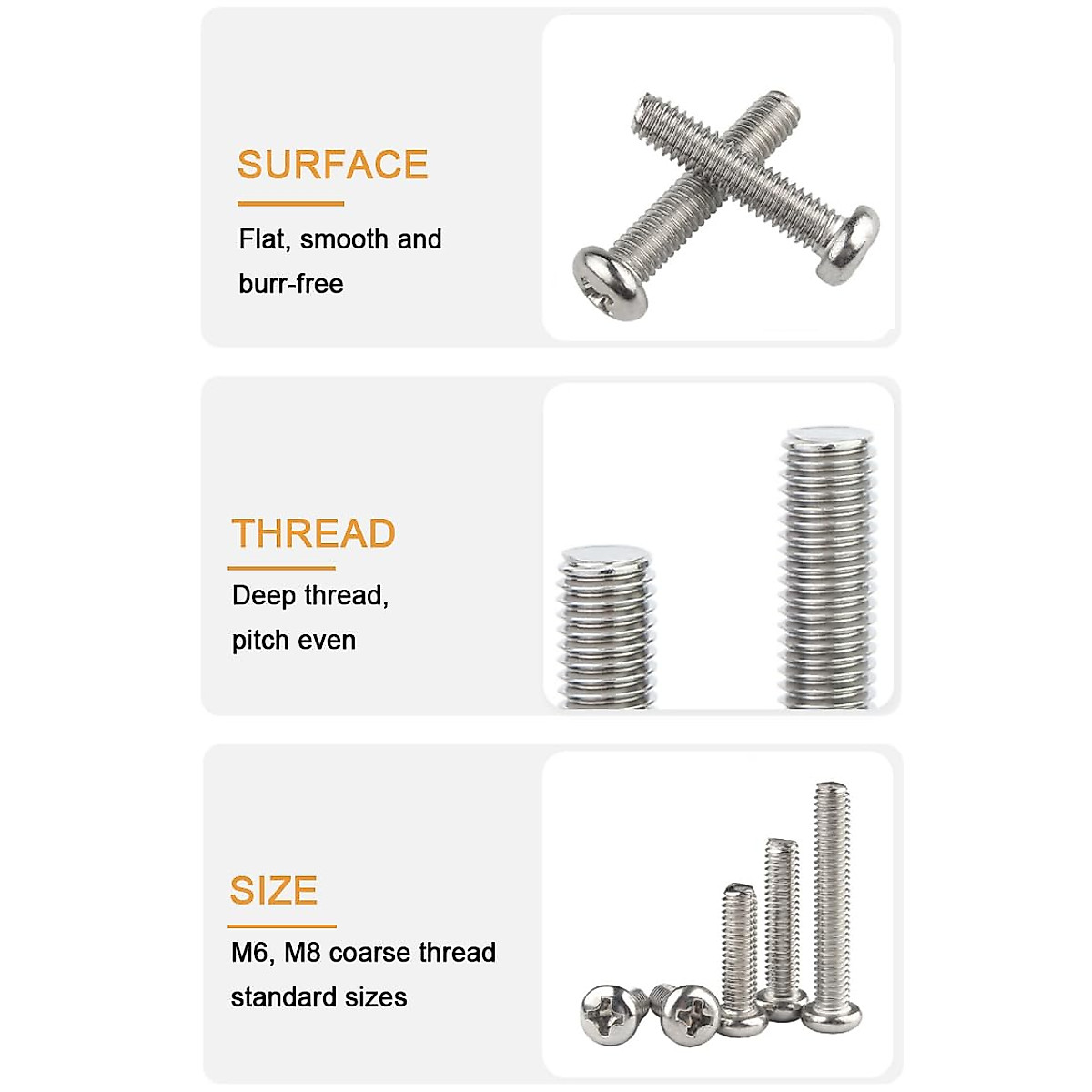 binifiMux 50pcs 1/4-20 Inch Round Head Phillips Machine Screws Assortment Kit, 304 Stainless Steel Silver Tone, 1/4 x 3/4,1,1-1/8,1-5/8,2 Inch