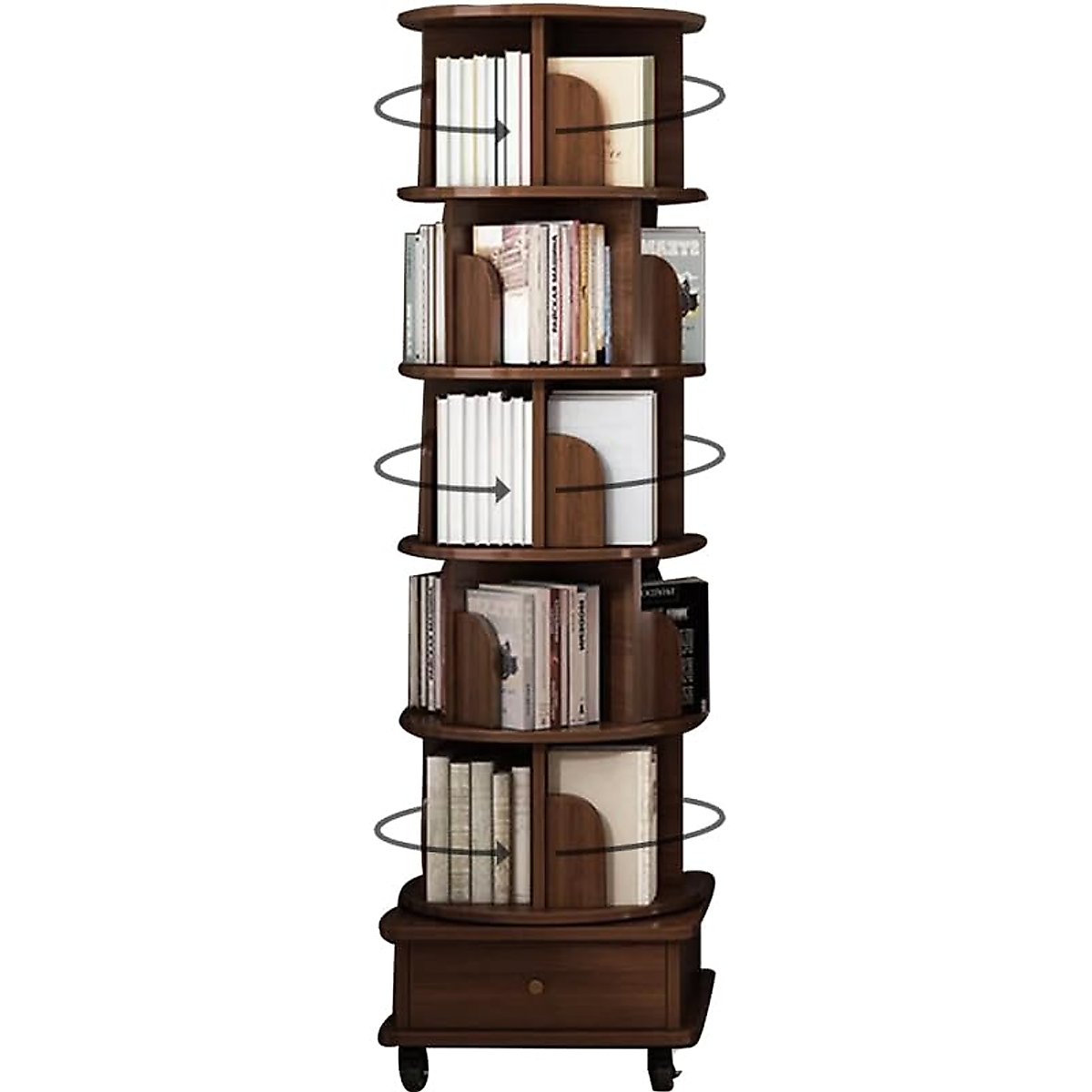 MMV 5 Tier Rotating Bookshelf, 360° Display Bookcase with Cabinet, Mobile Bookshelf with Wheels, 79" Tall Bookcase for Narrow Space, Spinning Wood Bookshelf Tower for Home Office, Study Room, Walnut