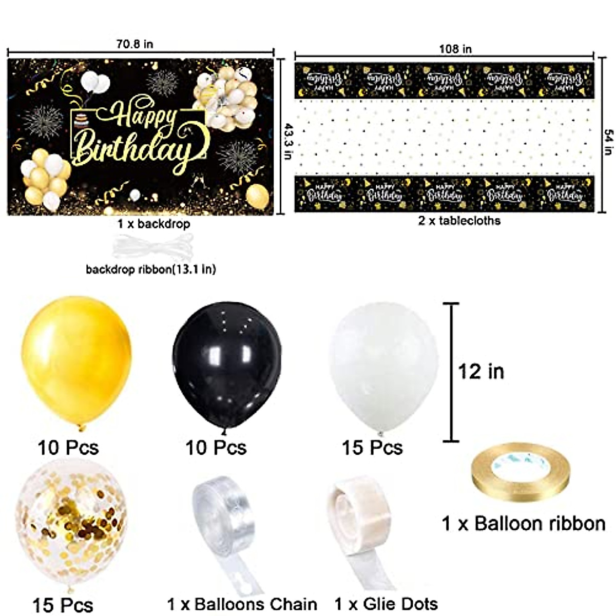 Gold Black Happy Birthday Extra Large Fabric Sign Poster Background Banner with 2pcs Waterproof tablecloths and 50pcs Metallic Shiny Latex Balloons for Birthday Party Backdrop Decoration Supplies