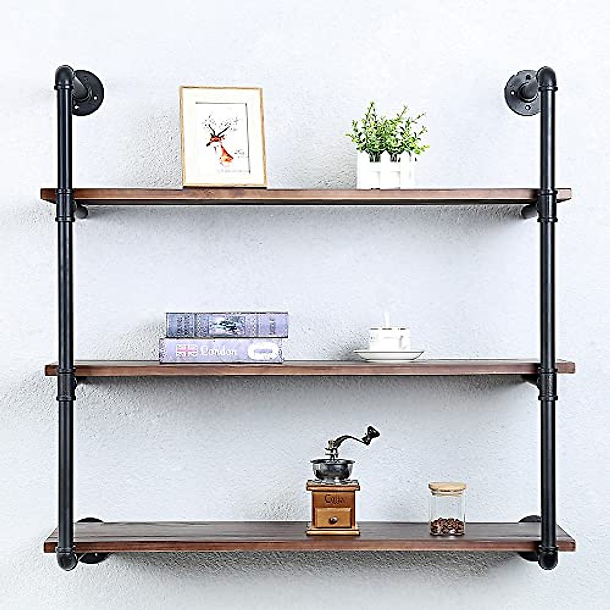 SUJIN Industrial Pipe Shelving Floating Shelves for Wall,Pipe Shelves with Wood Rustic Wall Shelves,36in Pipe Wall Shelf Metal Floating Shelf Wall Mounted,Iron Floating Bookshelf Hanging Book Shelves
