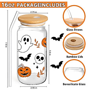 WECACYD Halloween Pumpkin Ghost Skull Cups - 16 oz Pumpkins Fall Cup Mug, Tumbler Glass Cups with Lids Straws, Spooky Cups for Iced Coffee, Goth Spooky Gifts for Her, Halloween Gifts for Women