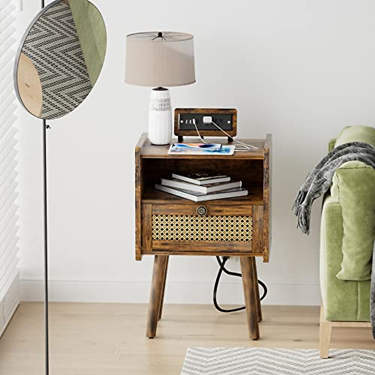 YAKANJ Small Nightstand with Charging Station,Mid Century Modern Nightstand with Rattan Decor,Night Stand End Table Side Table with 2 Tiers Storage Shelf for Small Spaces,Bedroom,Living Room-Brown