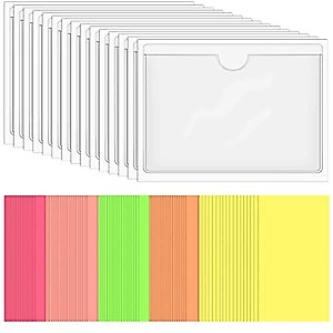 SKPPC 40 Pack Self-Adhesive Index Card Holder, Clear Plastic Library Card Pockets Label Holder with Top Open, Ideal Card Holder and 50 Sheets Colorful Index Cards, 3.8 x 5.3 Inch