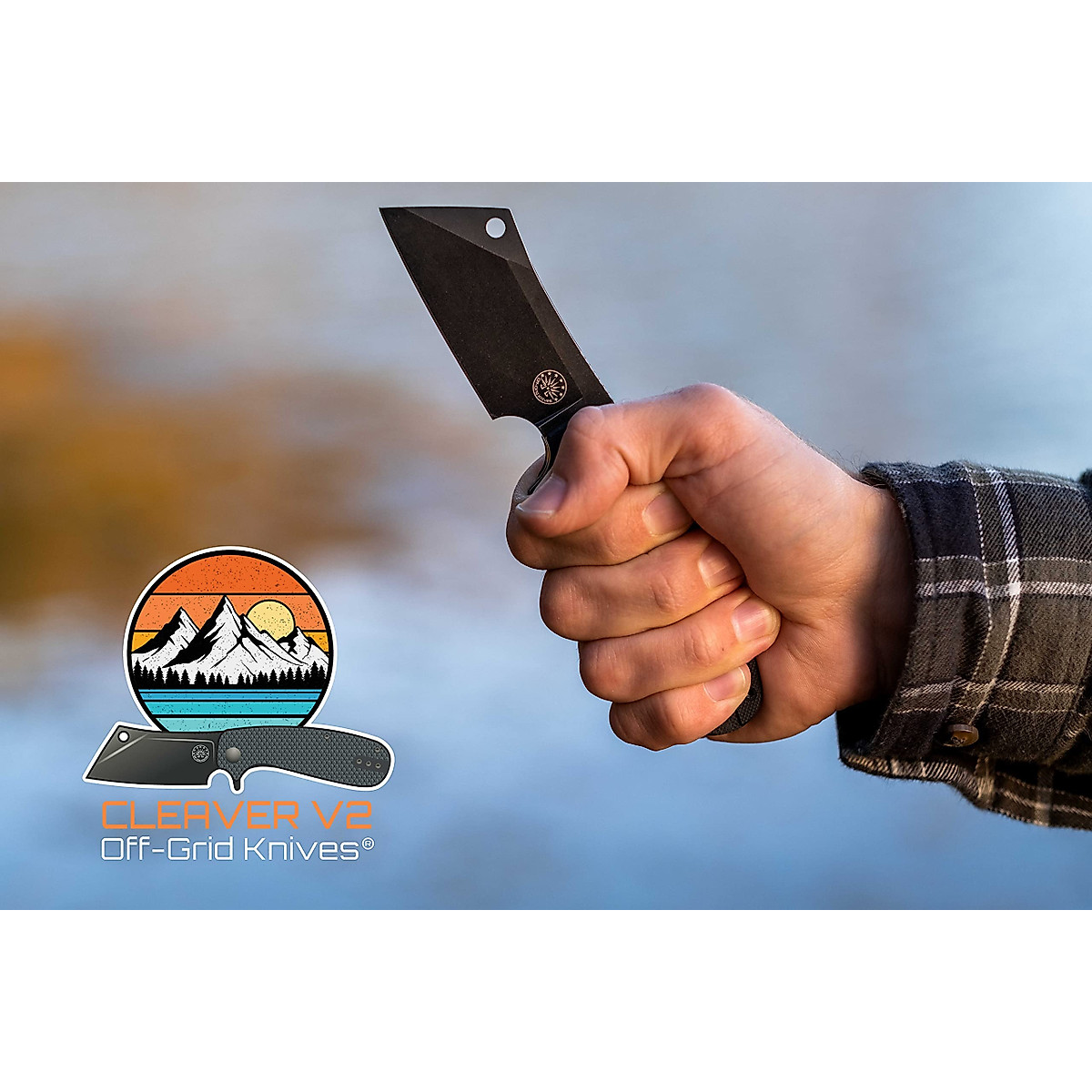 Off-Grid Knives - Cleaver V2 Folding Knife, D2 Tumbled Black Cleaver Blade, G10 Scales, Ceramic Ball Bearings, Left & Right Hand Carry