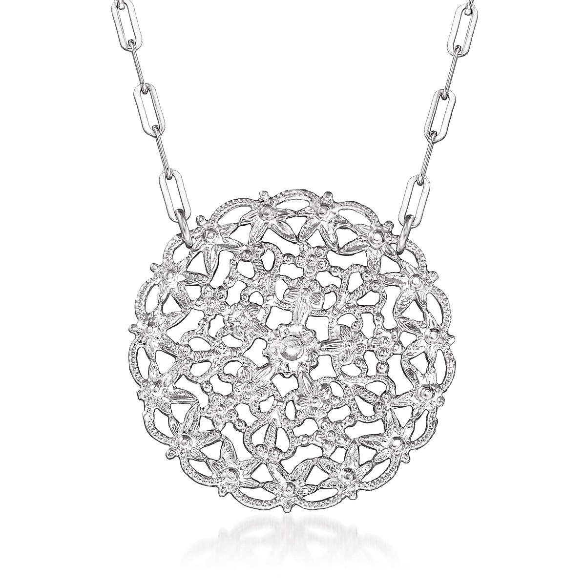 Ross-Simons Italian Sterling Silver Floral Medallion Paper Clip Link Necklace. 18 inches